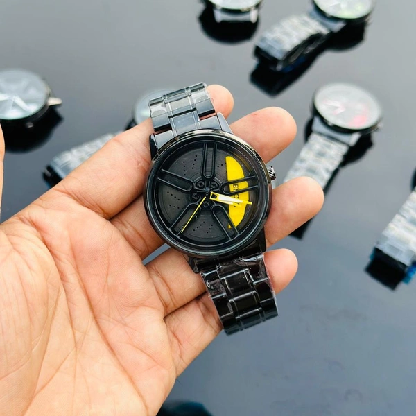 Car Wheel Watch, Stainless Steel Mens Wristwatch with Spinning Car Rim Hub Design, Quartz ...