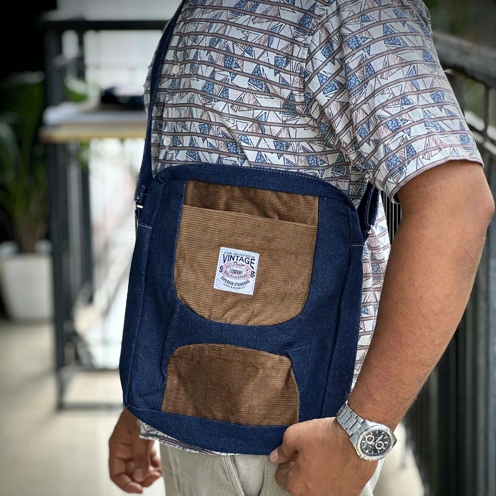 Vintage Style Corduroy Patch Sling Bag – Retro Denim Look