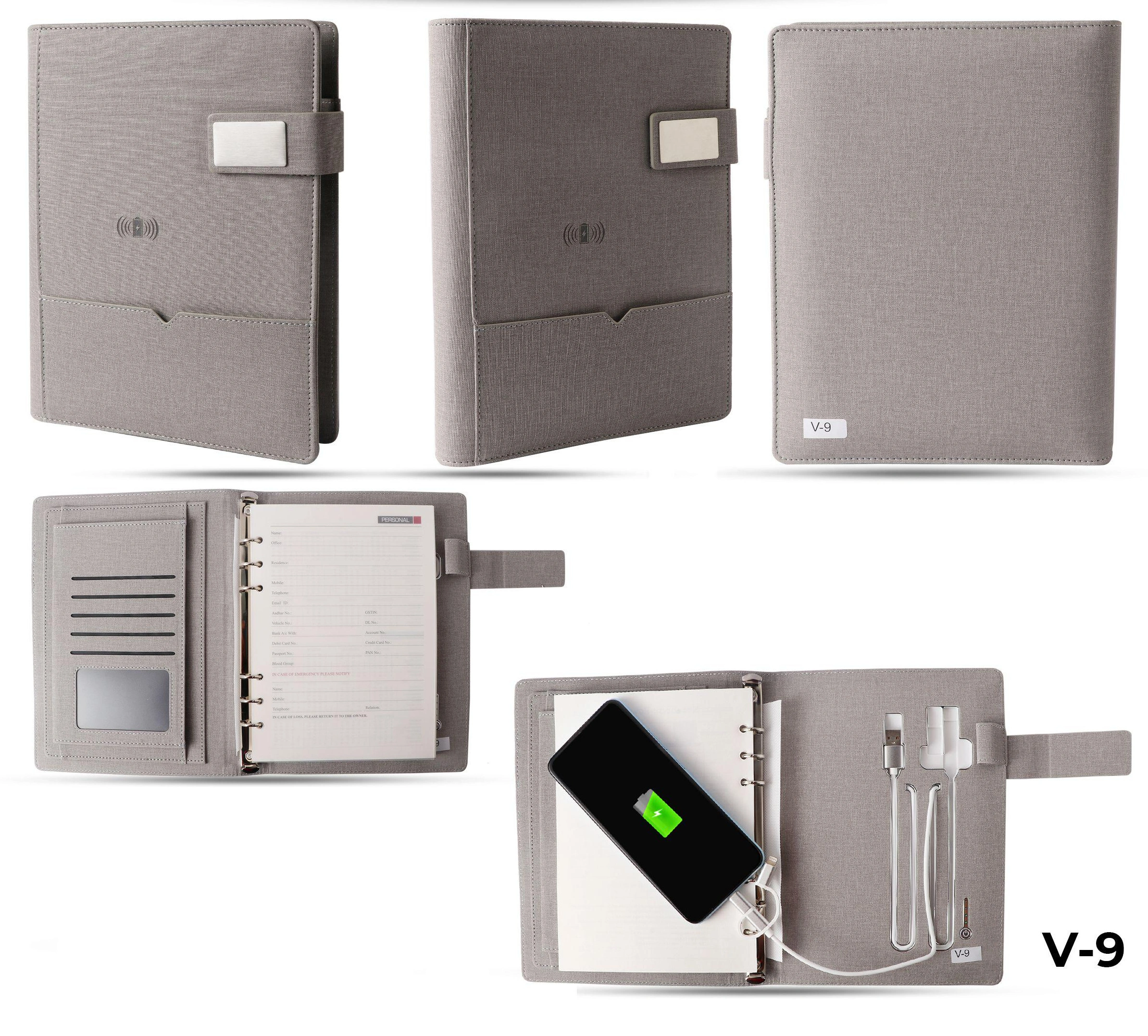 V-9 Diary Folder with 8000 mAh Power Bank 16 GB USB & Wireless Charger