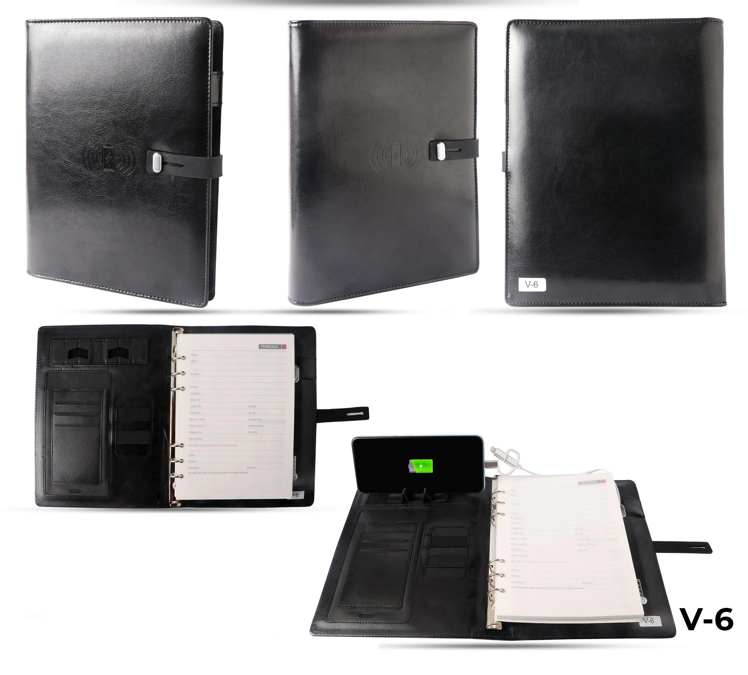 V-6 Diary Folder with 8000 mAh Power Bank and Phone Stand & Wireless ...