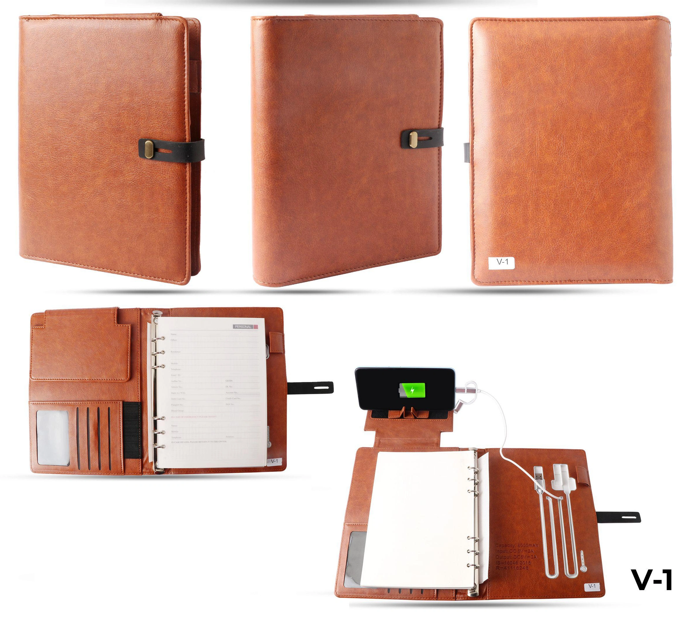 V-1 Diary Folder with 8000 mAh Power Bank and Phone Stand W/Exclusive Box