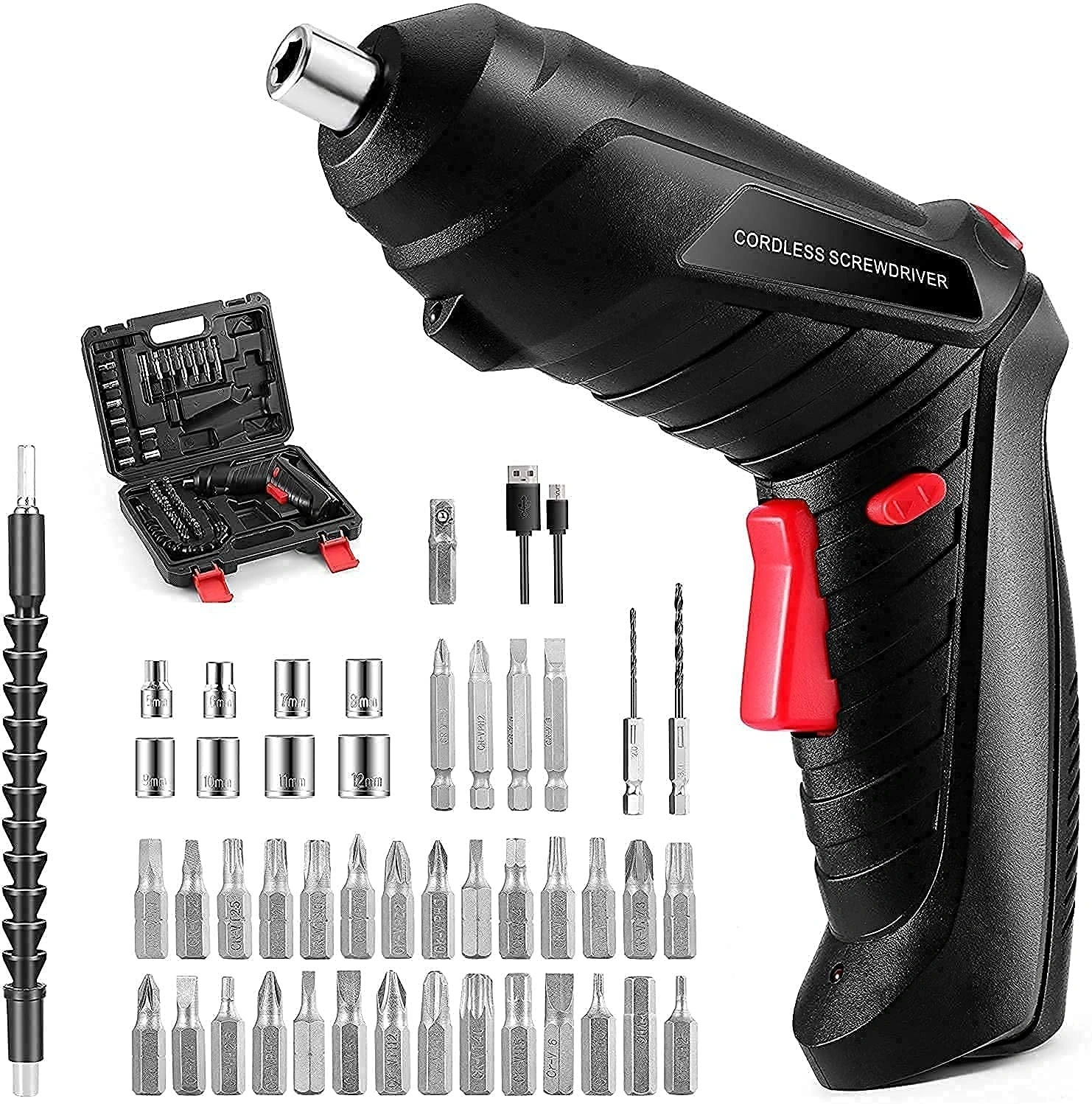 Metal Electric Screwdriver with 47 pcs Screwdriver Bit Set, Front LED ...