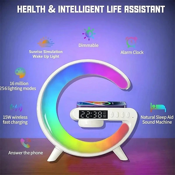 Top Selling G Shaped Wireless Charger LED Lamp With Speaker Alarm Clock ...