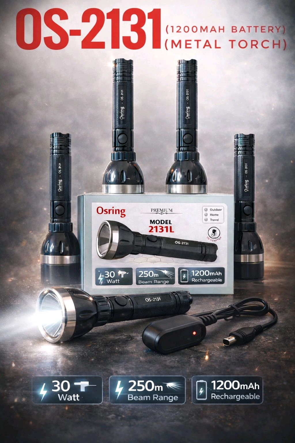 Osring OS-2131 Metal Rechargeable Torch Light | 1200mAh Battery | 30W ...