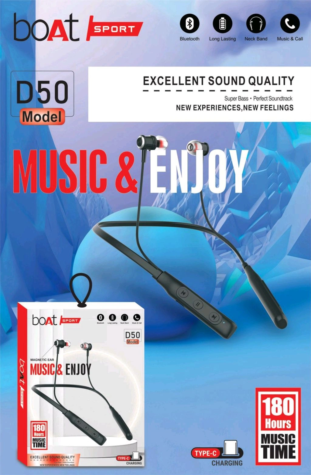 Boat D-50 Super Bass C type Pin Super Sound Quality Neckband 1by1 lamination