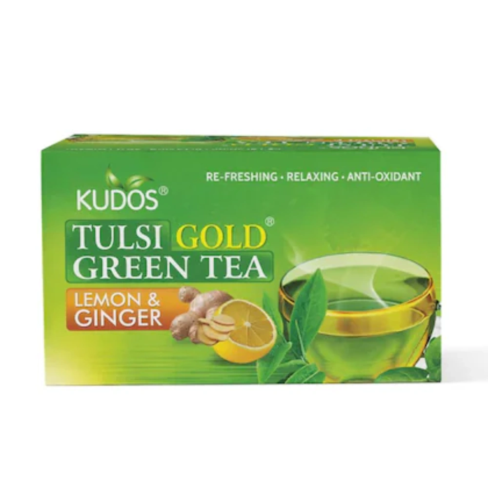 Kudos Tulsi Lemon & Ginger Green Tea | 25 Tea Bags | Ayush Pharmacy