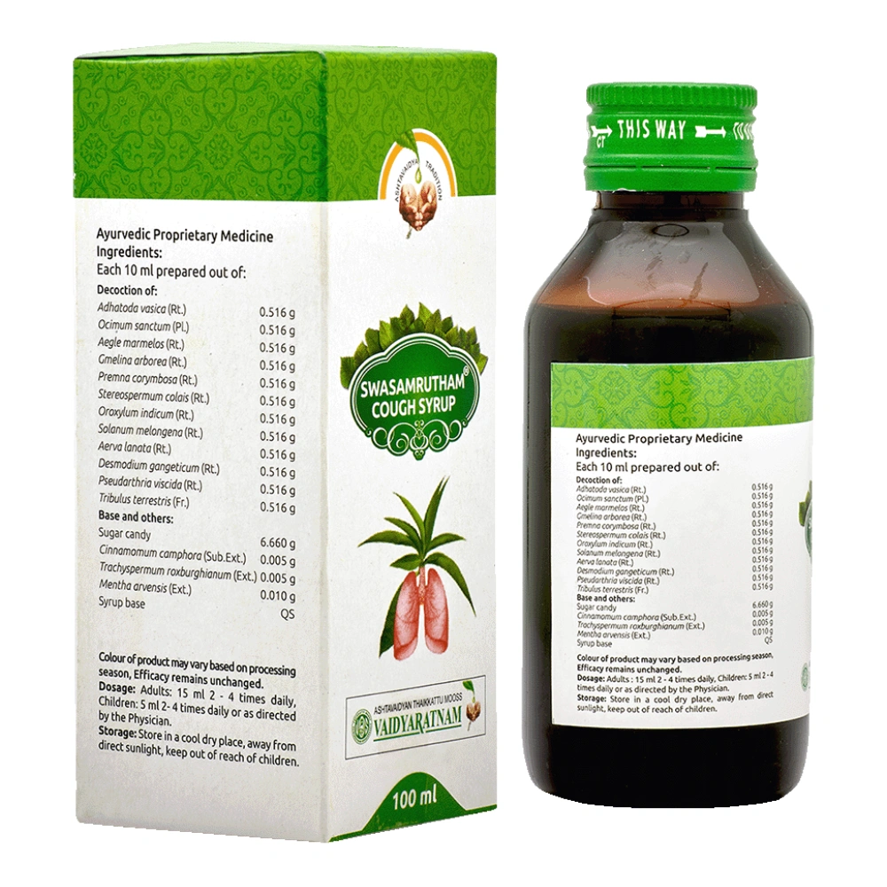 Vaidyaratnam Swasamritham Cough Syrup (100ml) - Ayush Pharmacy