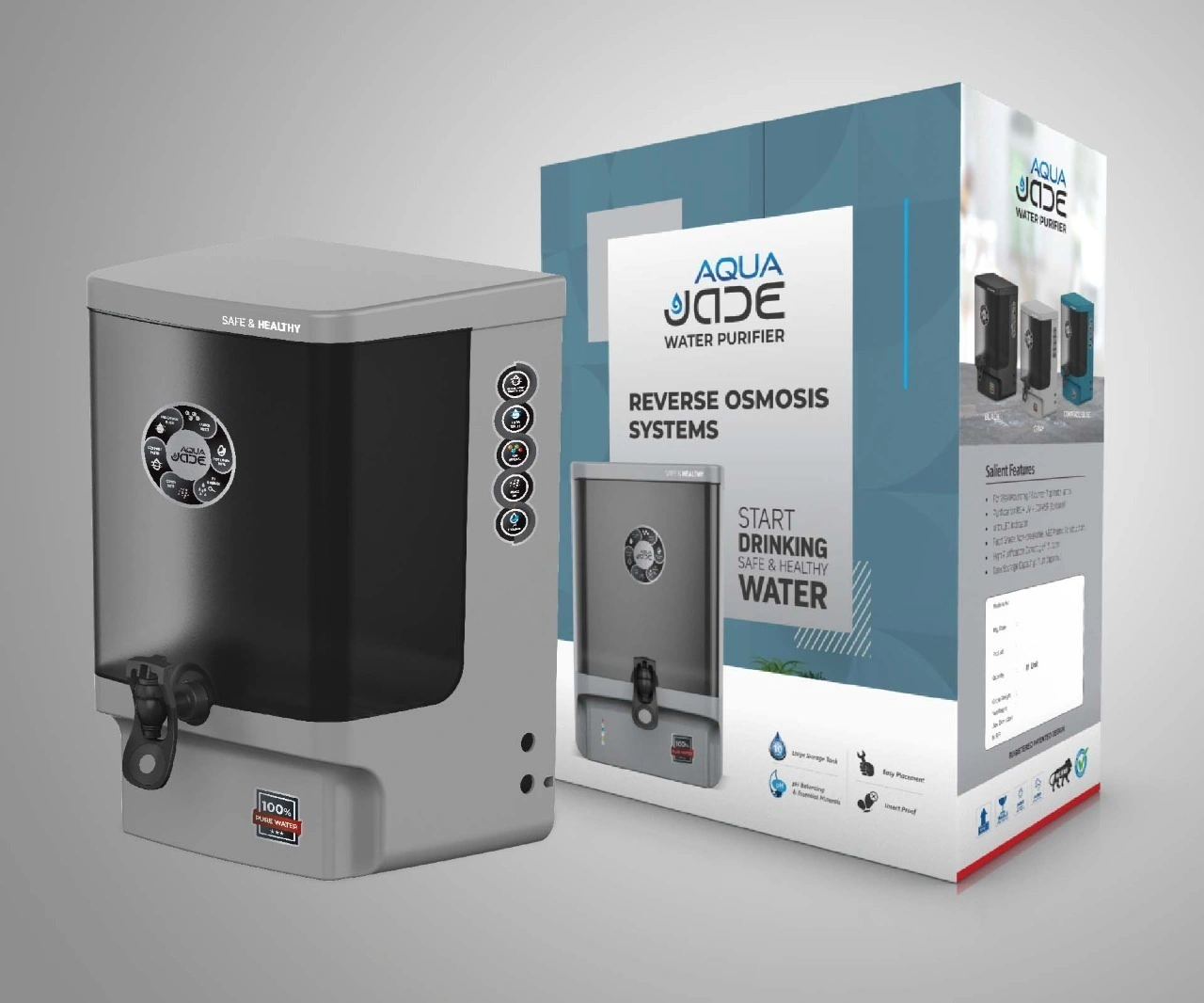 AQUA JADE READY UNIT | GRAY COLOUR | RO UV TDS | WORKS UPTO 1000 TDS | REMOVABLE STORAGE TANK