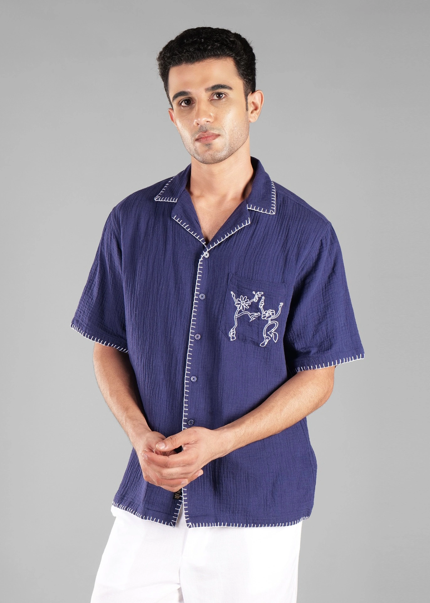 Navy Embroidered Cuban Collar Shirt